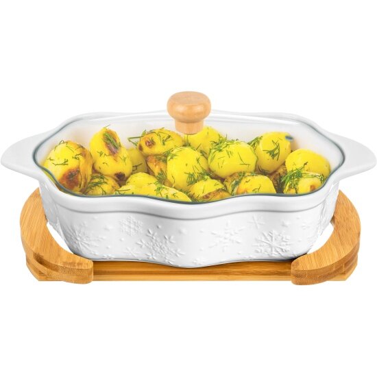 Блюдо Elan Gallery для запекания и сервировки "Снежинки" 32*20*14 см, 1,5 л, овальное ажурное, на деревянной подставке (540547)