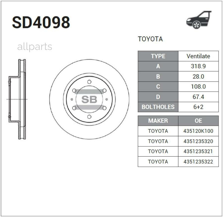 SANGSIN BRAKE SD4098 Диск тормозной TOYOTA LAND CRUISER 150 10- передний