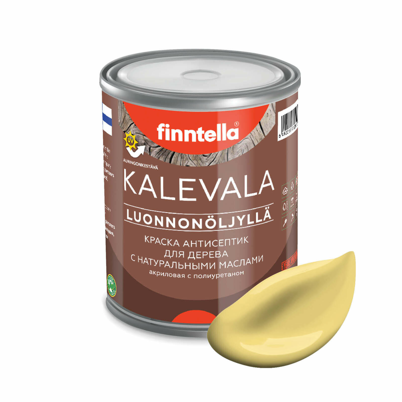 Краска для дерева и деревянных фасадов FINNTELLA KALEVALA, с натуральным маслом и полиуретаном, цвет MAISSI (Светло-жёлтый) , 0,9л