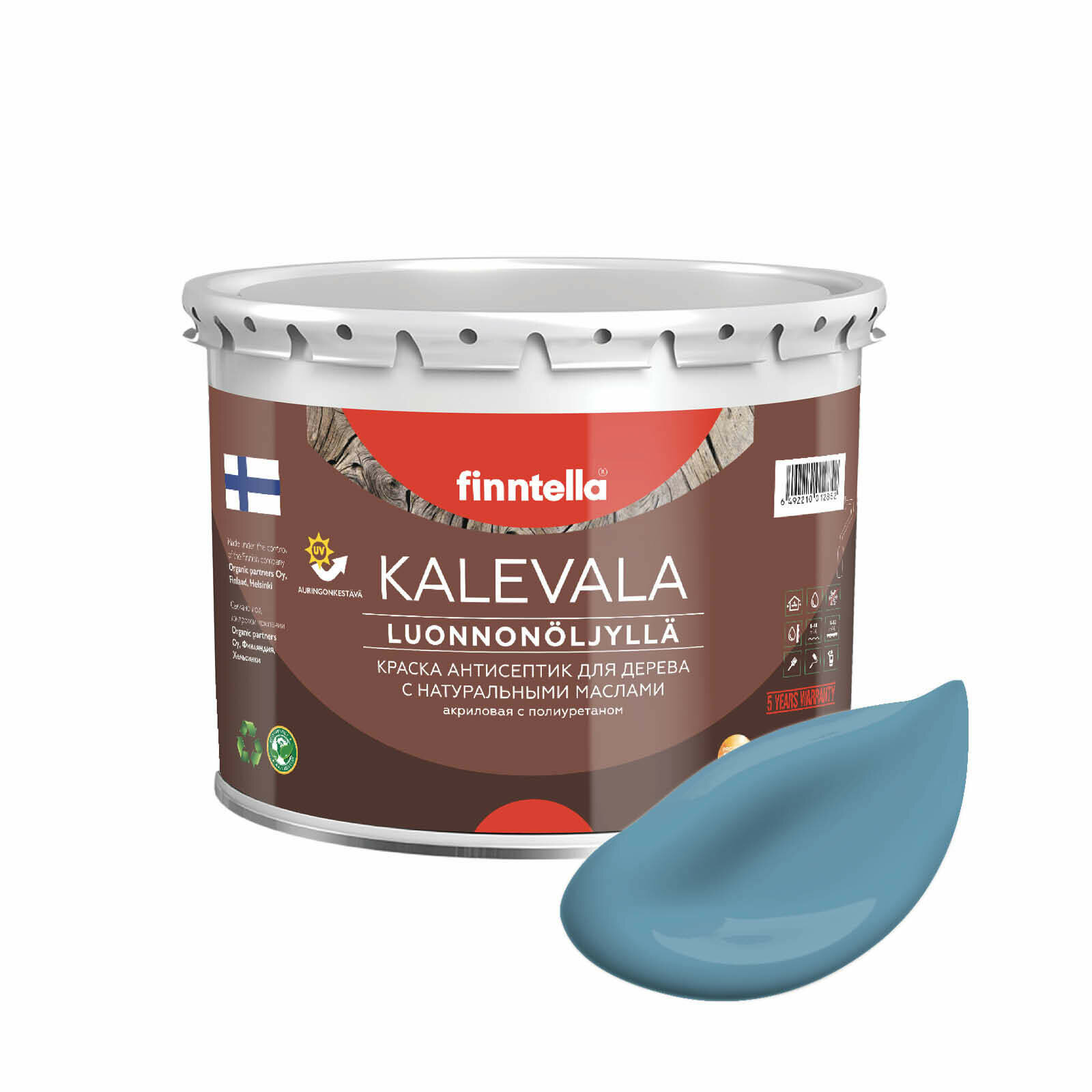Краска для дерева и деревянных фасадов FINNTELLA KALEVALA, с натуральным маслом и полиуретаном, цвет MERI AALTO (светло сине-серый ) , 2,7л
