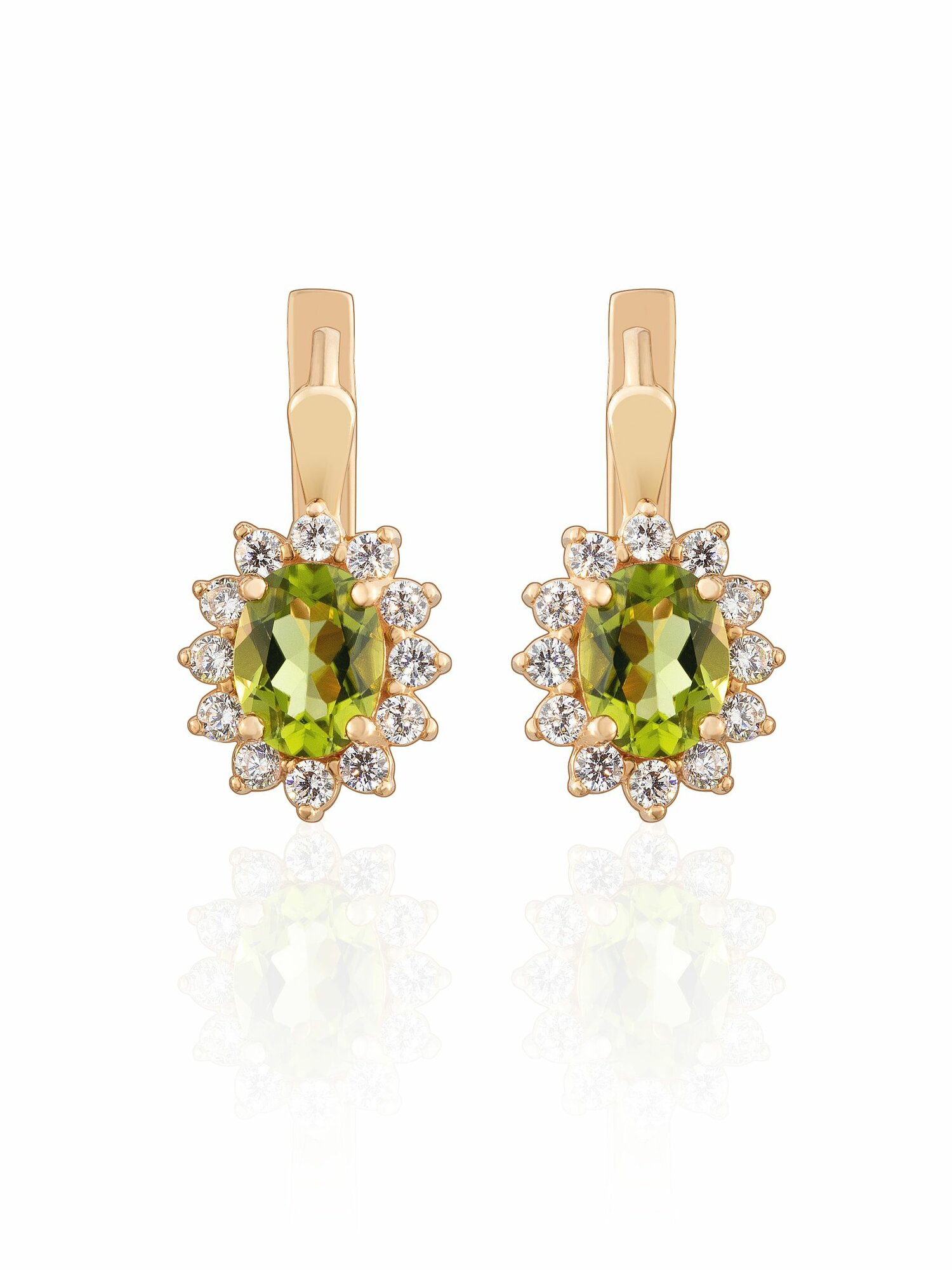 Серьги, красное золото, 585 проба, фианит, хризолит
