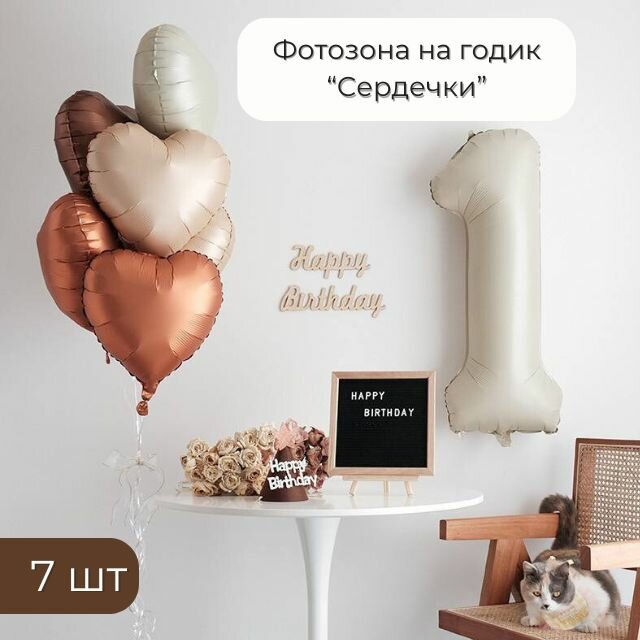 Набор шаров для фотозоны на день рождения с Цифрой 1 "Сердечки", шары воздушные фольгированные