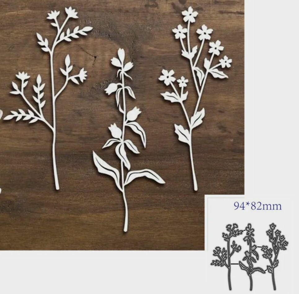 Нож для вырубки в виде Веточка с цветами, размер пластины 80х96 мм, 3 разных дизайна.
