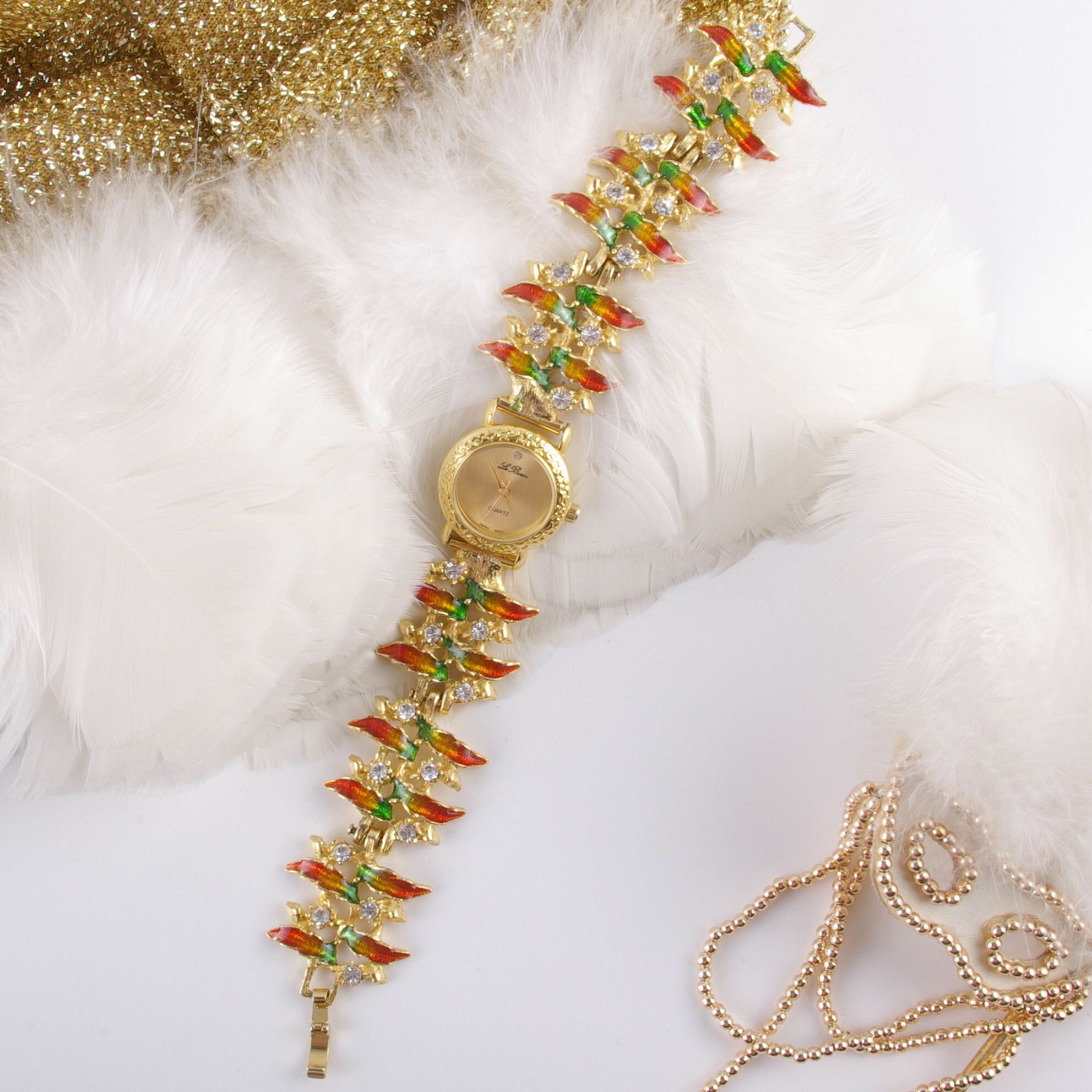 Винтажные наручные часы "Осенняя рапсодия". Бижутерный сплав, эмаль, японский часовой механизм, австрийские кристаллы. Le Baron, США, 1980- ее