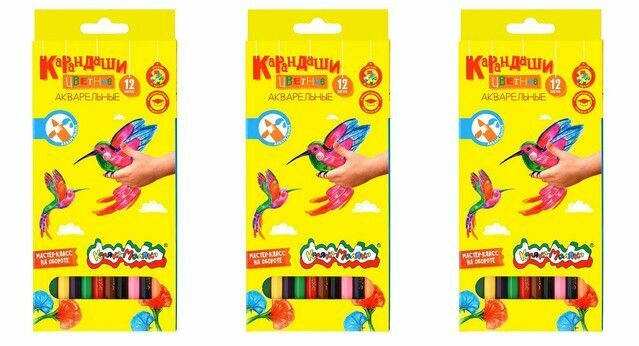 Каляка-Маляка Набор цветных карандашей, шестигранные в деревянном корпусе, 12 цветов, 3 уп.