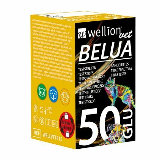 Тест-полоски на глюкозу в крови кошек, собак и коров WellionVet BELUA 50шт/упак.