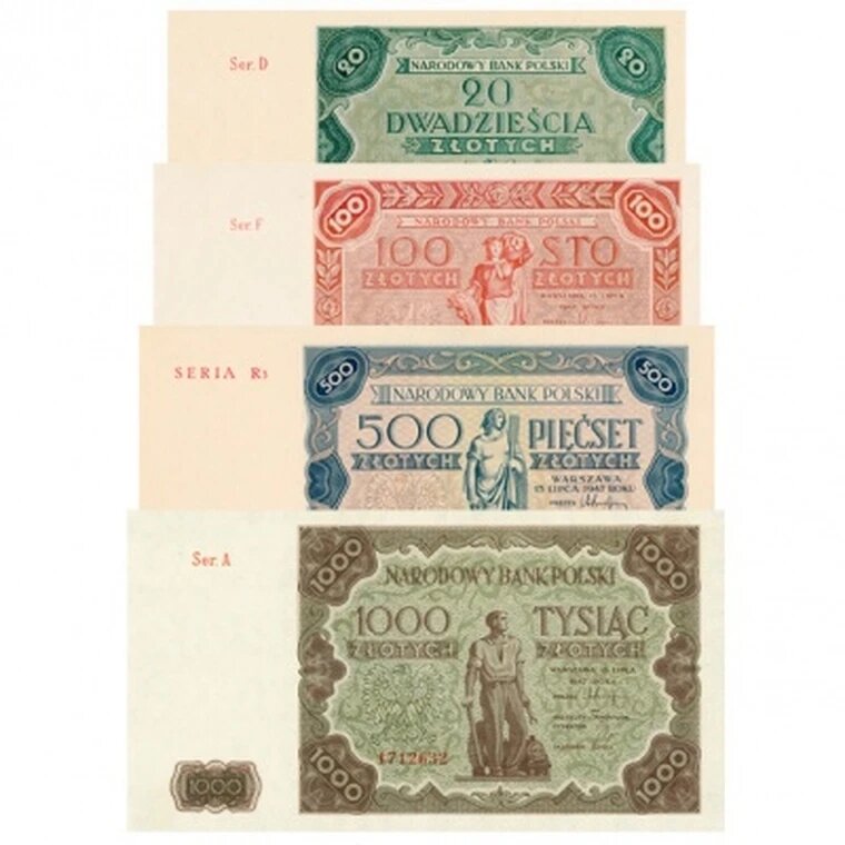 Набор банкнот Польши 20-1000 злотых 1947, сувенирные копии, банкноты и купюры редкие коллекционные