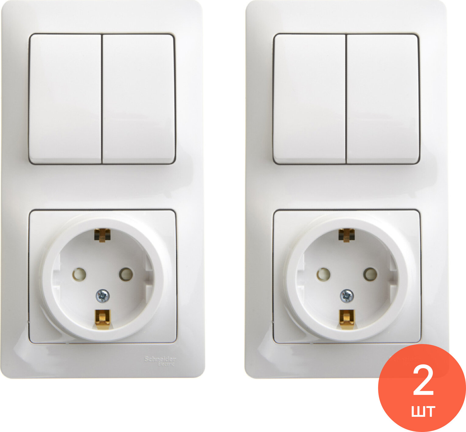 Блок Systeme Electric / Систем Электрик Glossa розетка со шторками и выключатель двухклавишный, вертикальный, белый, 250В 10/16А IP20, размером 83×43.5×154мм / электрика (комплект из 2 шт)