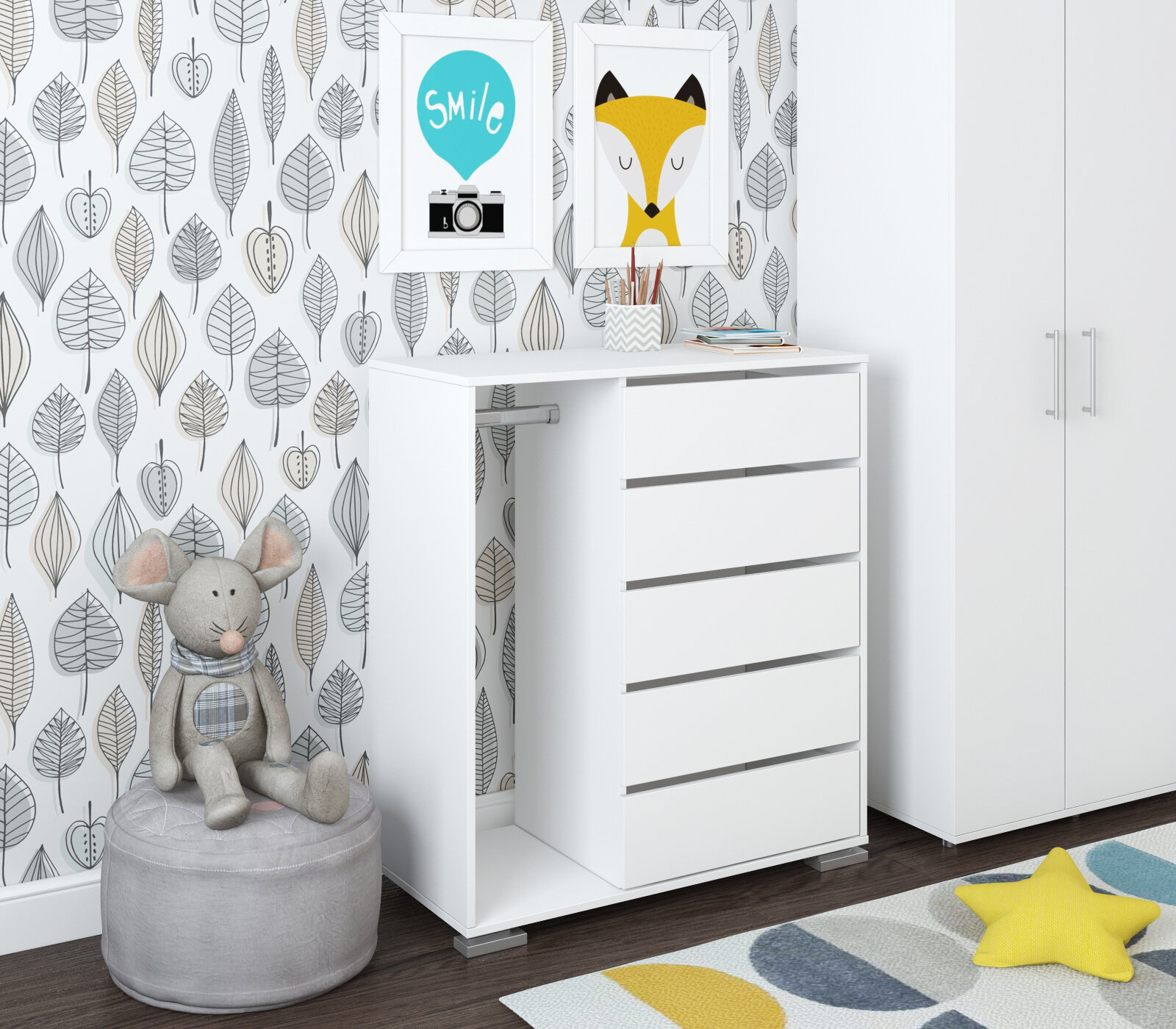 Шкаф, комод, шкаф-комод с ящиками, со штангой Есэндвич Лаворо, 90x43х102 см, правый (Белый)