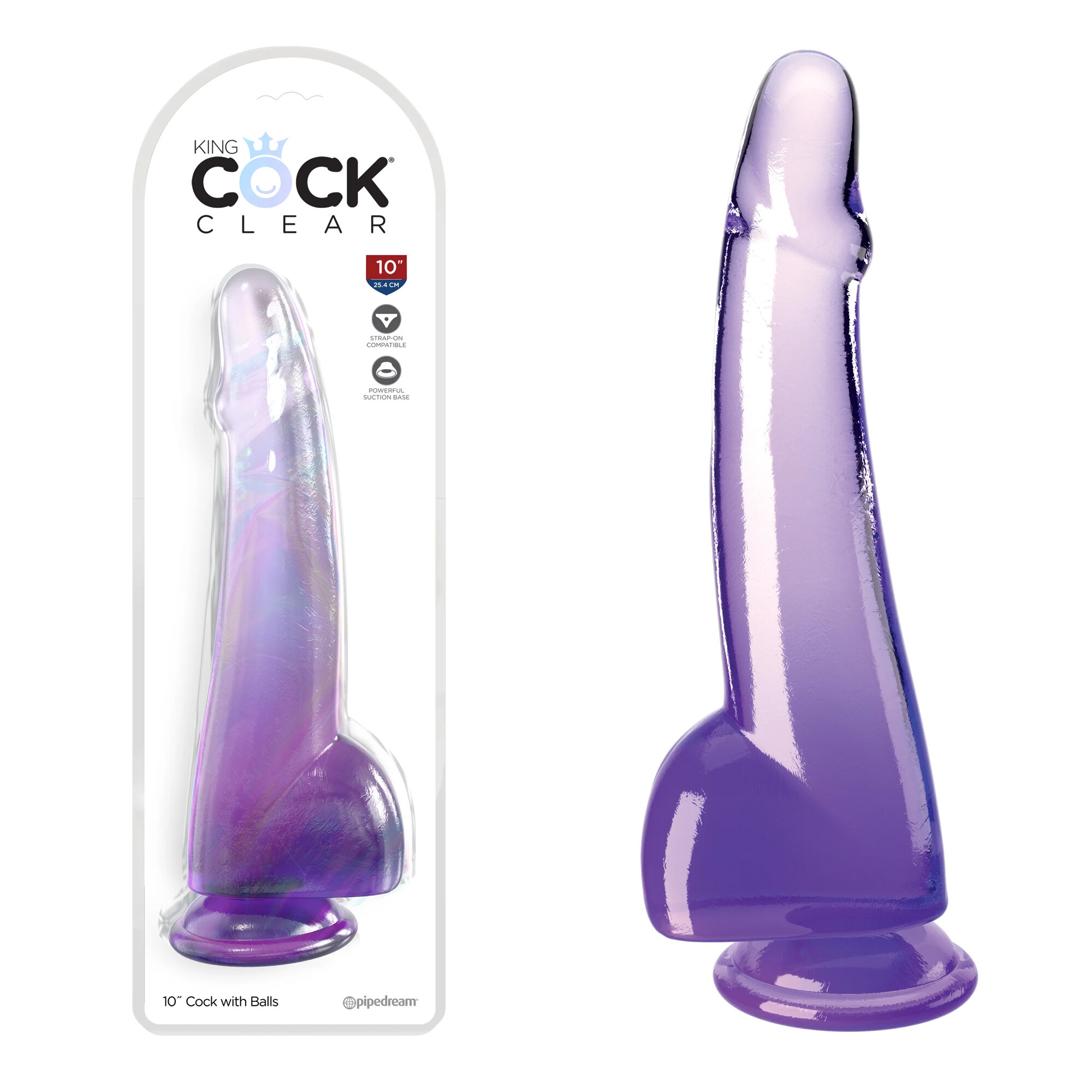 King Cock Clear, Cock with Balls 10" Фаллоимитатор с мошонкой, прозрачный/фиолетовый (27.9, Ø 5.7 см)