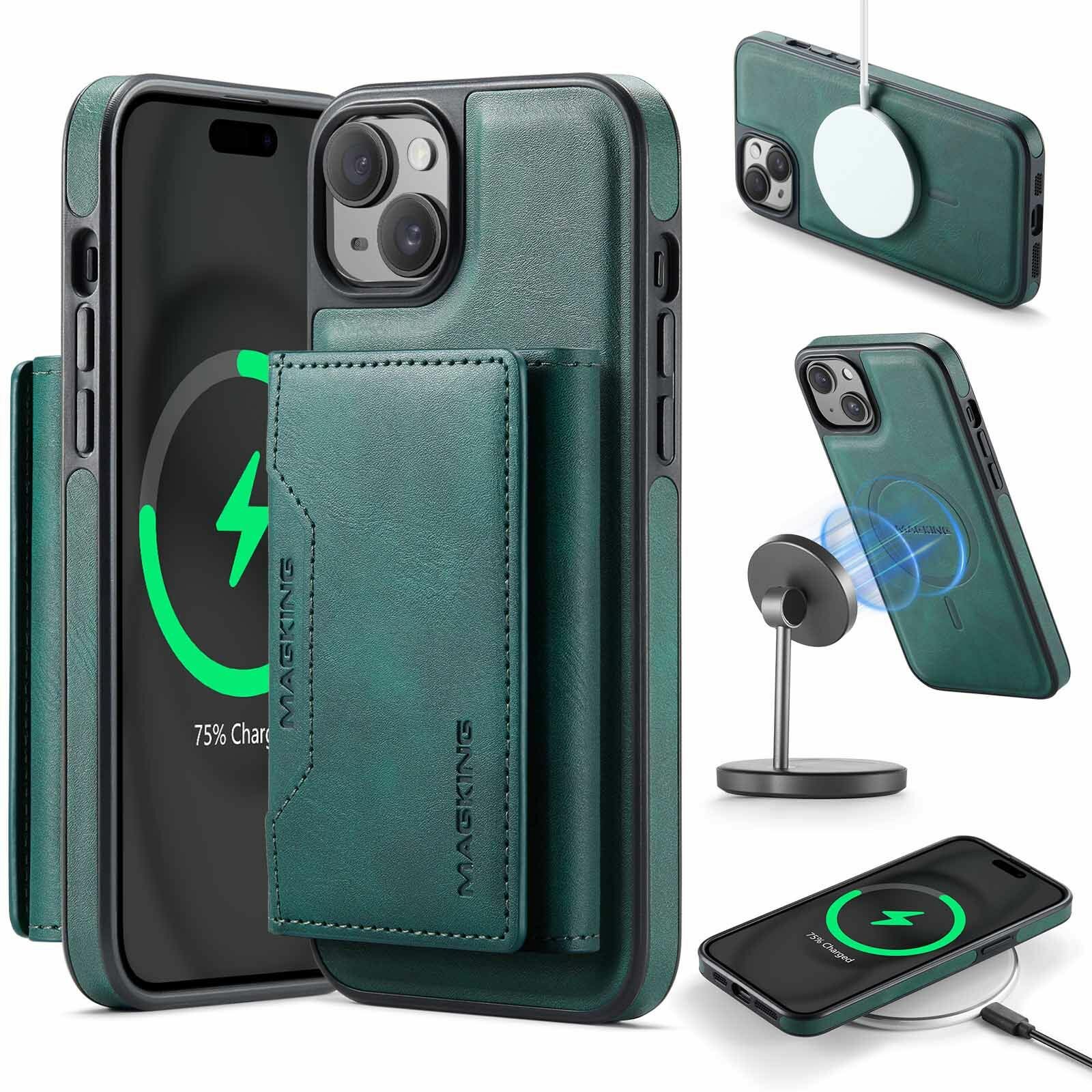 Кожаный чехол Deluxe для Apple iPhone 14 (Эпл Айфон 14) с беспроводной автомобильной зарядкой Magsafe