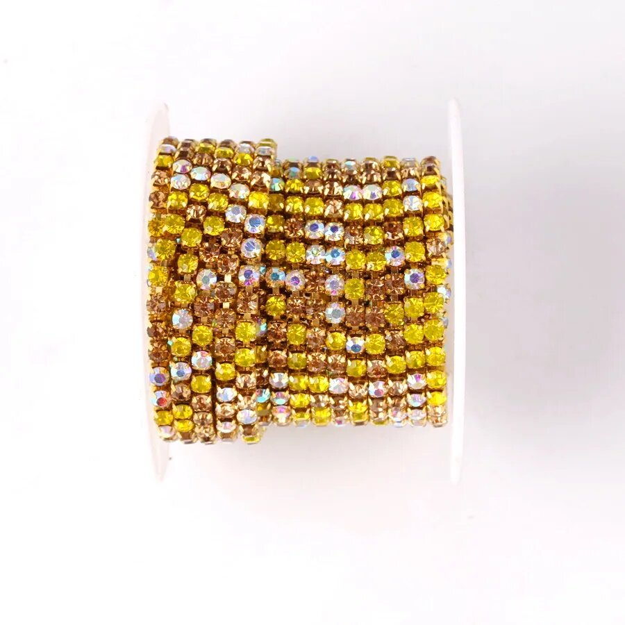 Стразовая цепочка SS6-SS12, золотистый металл, Citrine