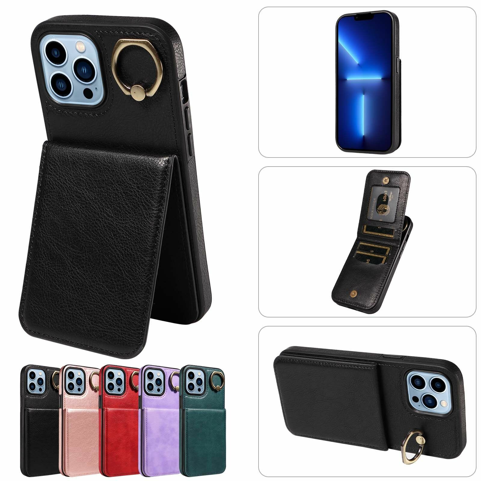 YIKATU Кожаный чехол для Apple iPhone 13 Pro Max (Эпл Айфон 13 Про Макс) с карманом/держателем для карт/подставкой-кольцом, вертикальная/горизонтальная стойка