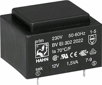 Трансформатор HAHN BVEI3022022 залитый 1,5ВА 230ВAC 12В 125мА PCB 70г 1 шт