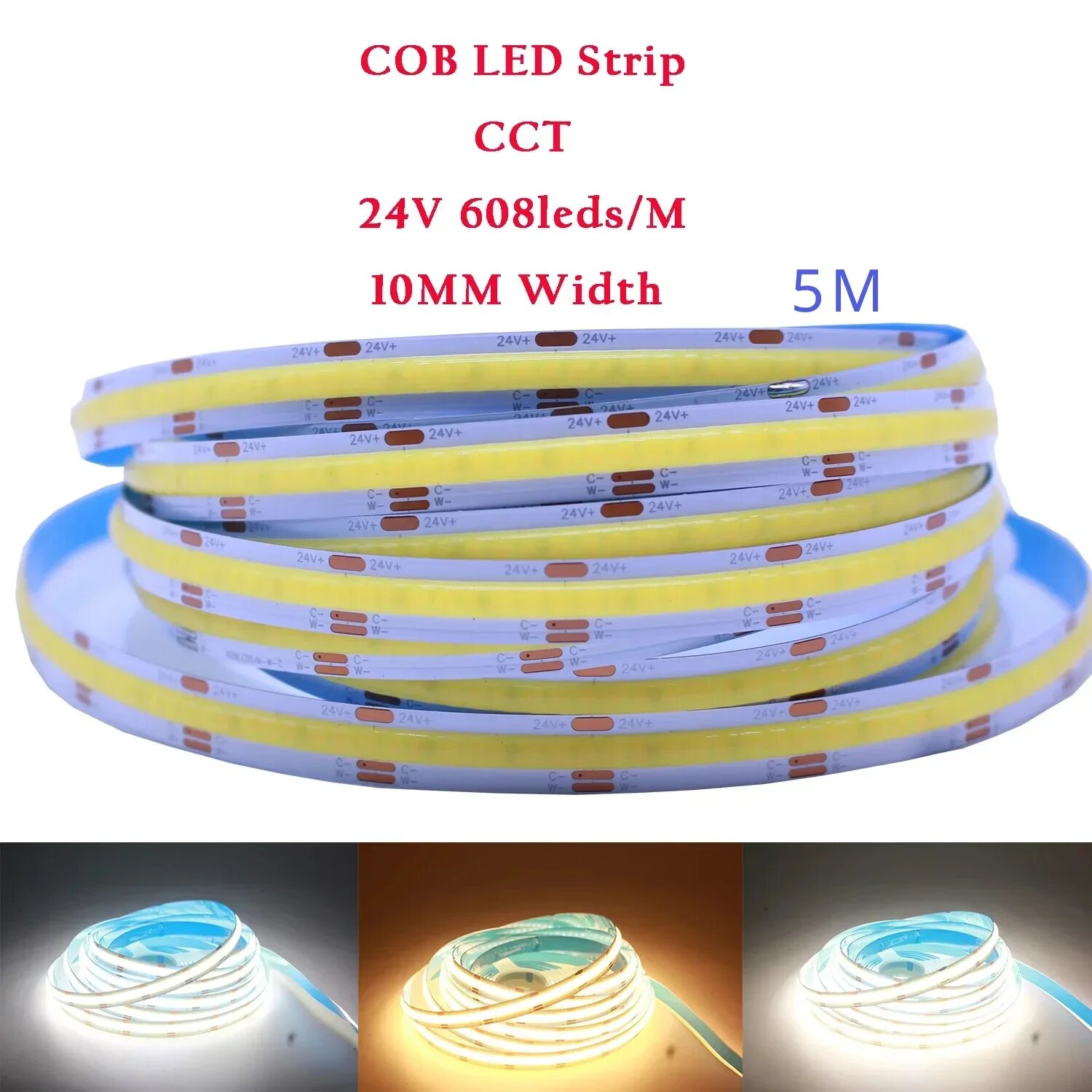 COB LED лента 24V, 608led/M, 5M, 10MM, CCT