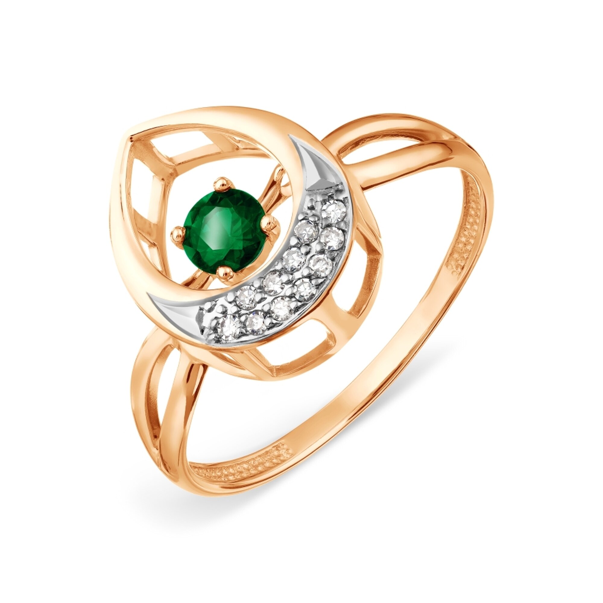 Кольцо, красное золото, 585 проба, изумруд, бриллиант