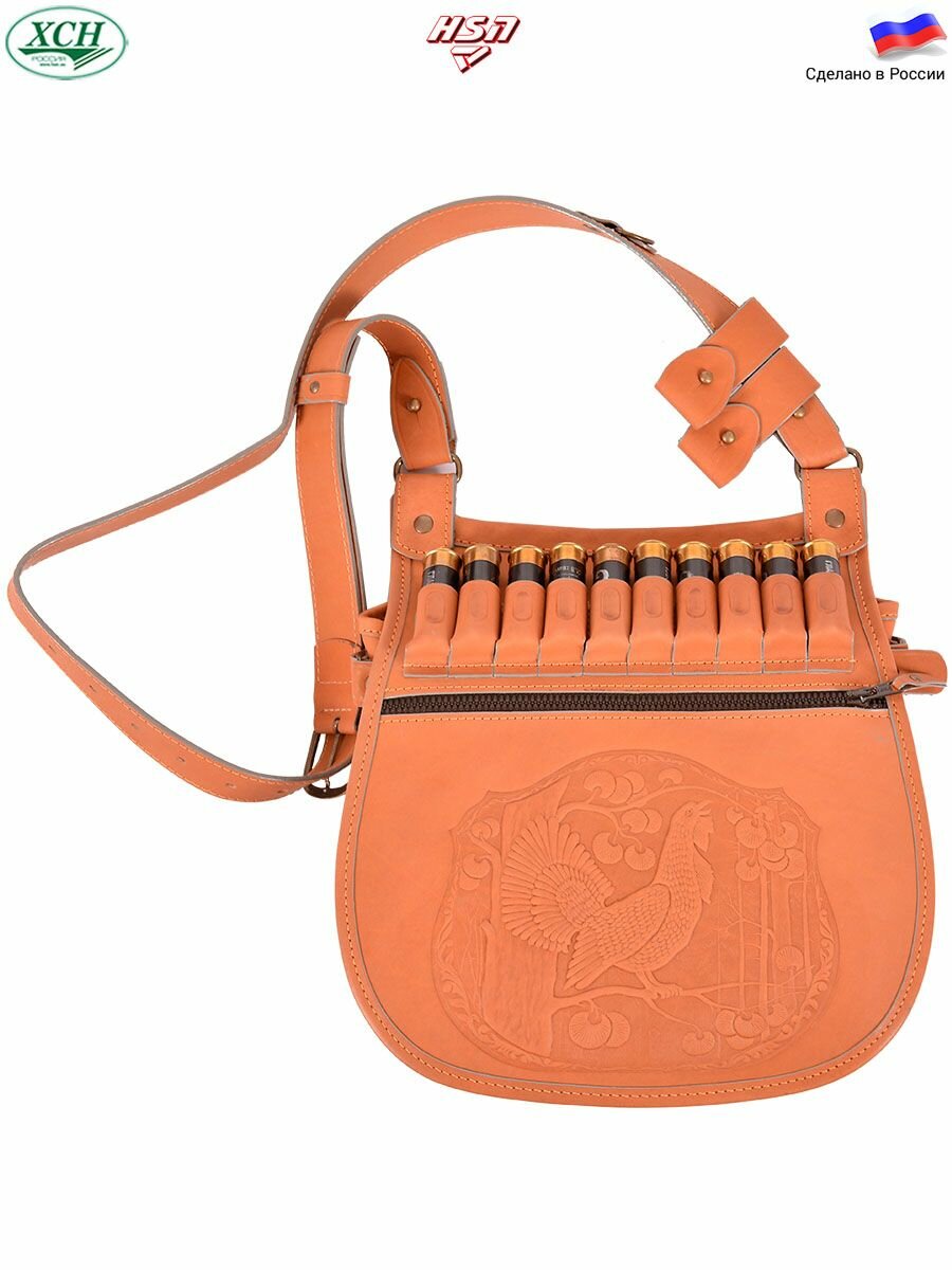 Ягдташ кожаный ХСН патронташами для 18 патронов К-12/16 Люкс светло-золотой