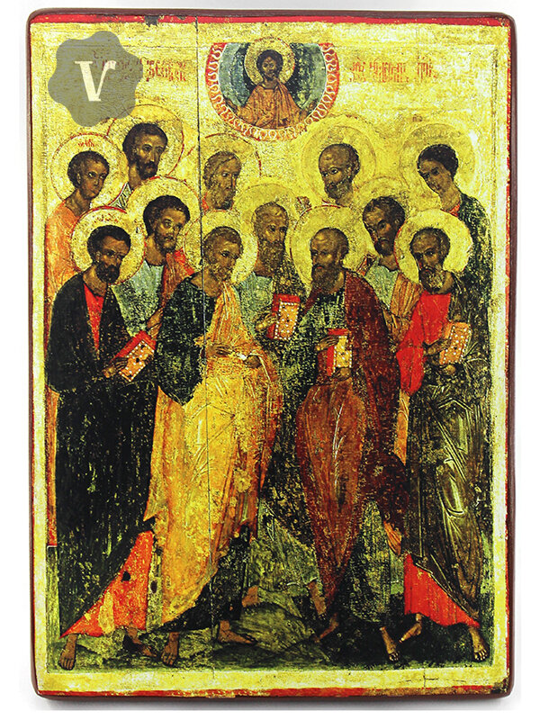 Православная Икона Собор 12 Апостолов, деревянная иконная доска, левкас, ручная работа (Art.1126М)