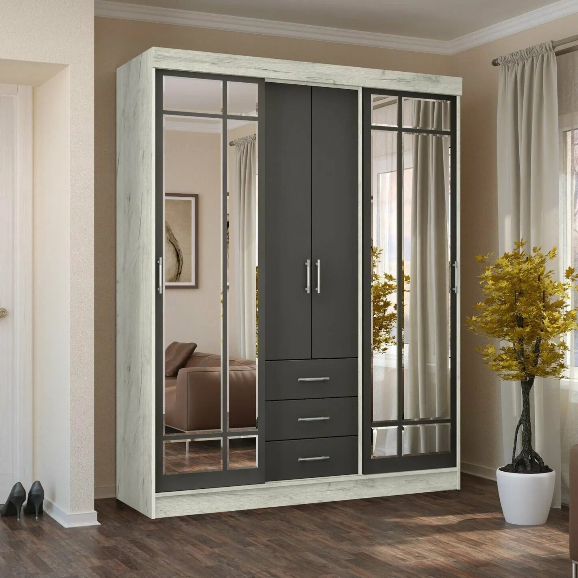 Шкаф-купе для одежды с зеркалом Маэстро, 170х220х57.4 см, Дуб Крафт Белый/Графит