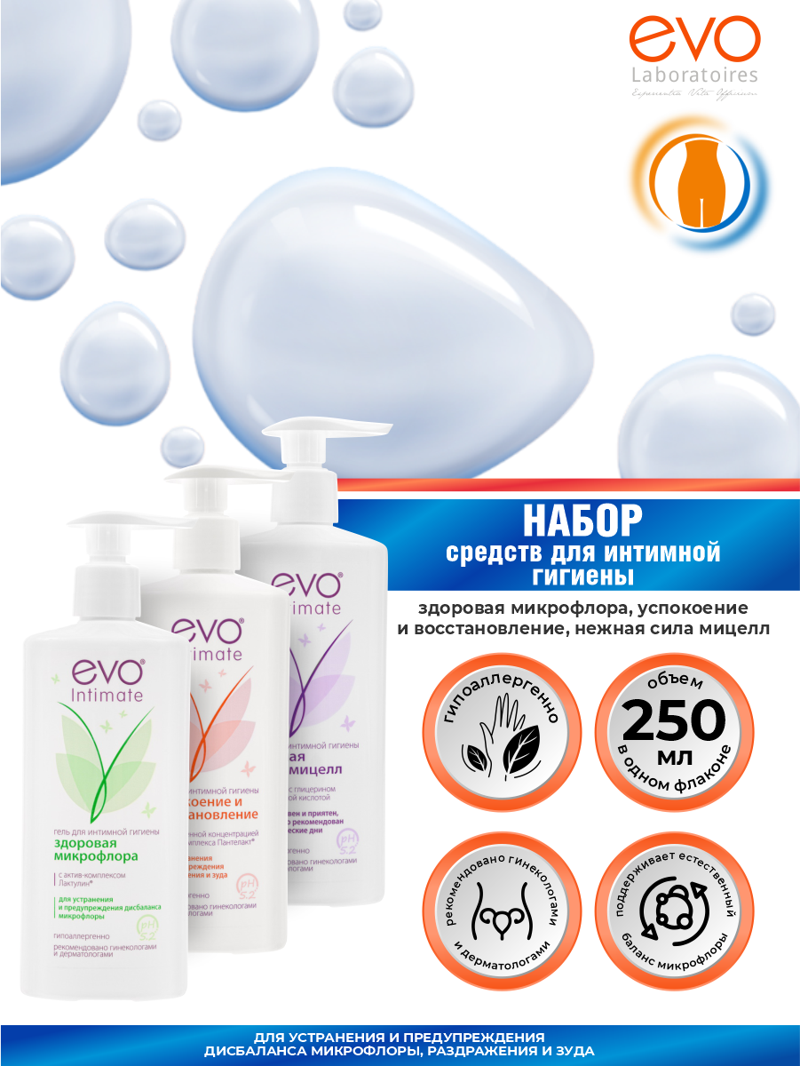Набор для интимной гигиены EVO Здоровая микрофлора + Успокоение и восстановление+Нежная сила мицелл