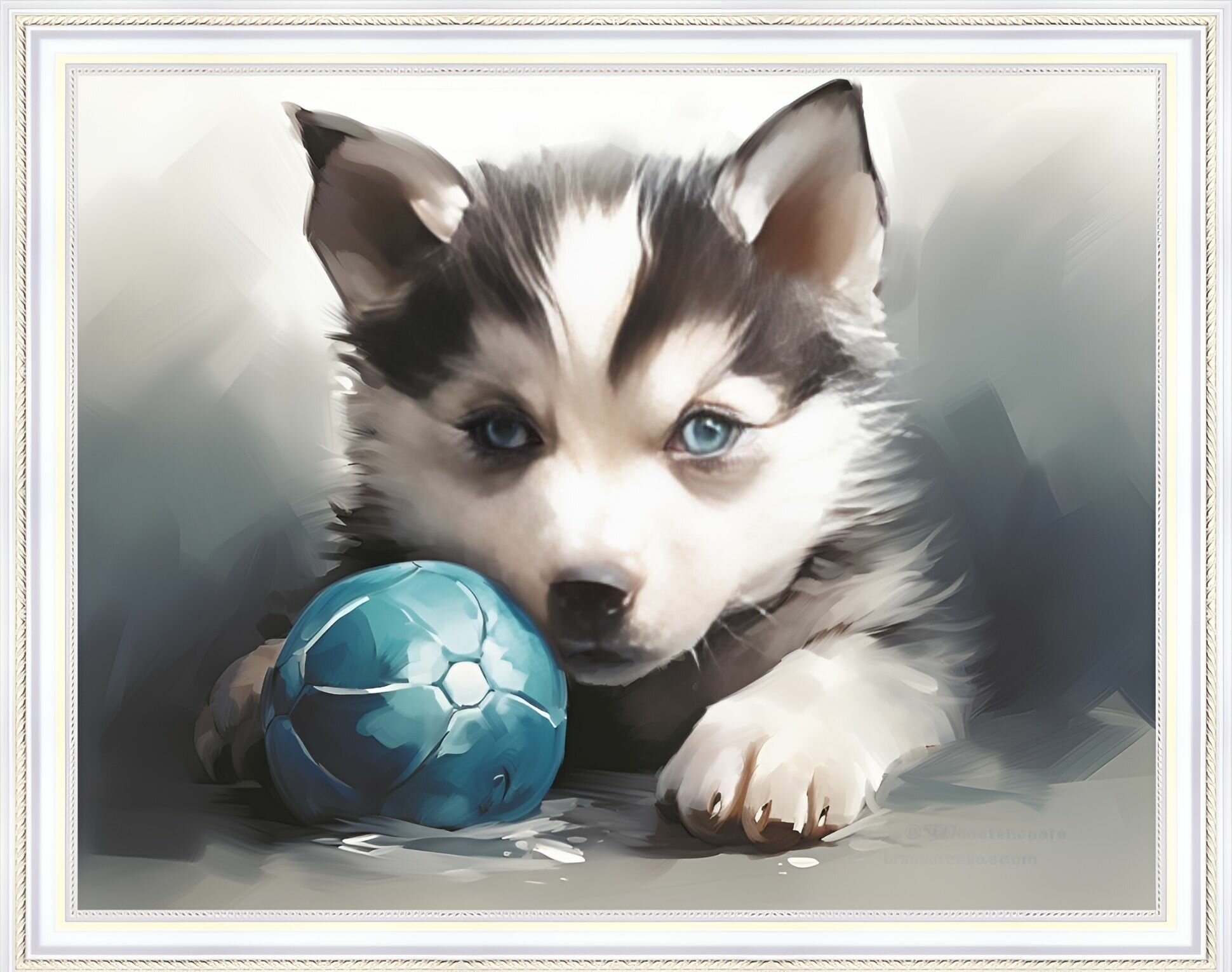 Алмазная мозаика на подрамнике 40*50 "Щенок хаски с мячом"