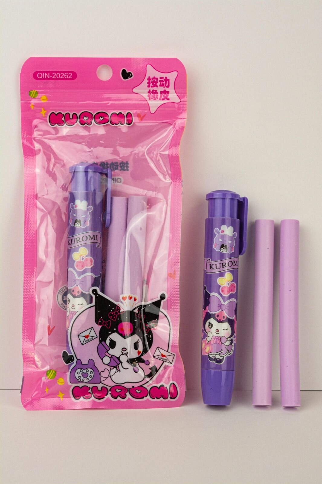 Ластик-карандаш, 1 пластиковый корпус и 2 сменных стержня фиолетовый