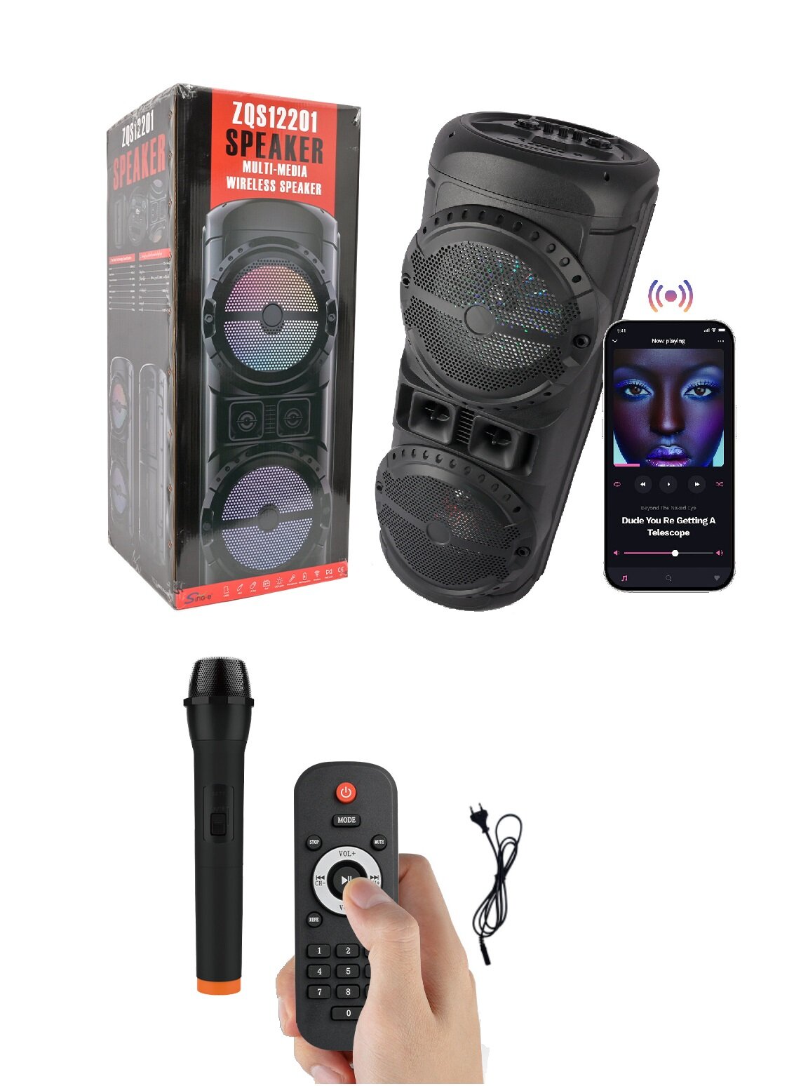 Беспроводная колонка Sing-e, Bluetooth, 80 Вт, встроенный микрофон, пульт ДУ, черная