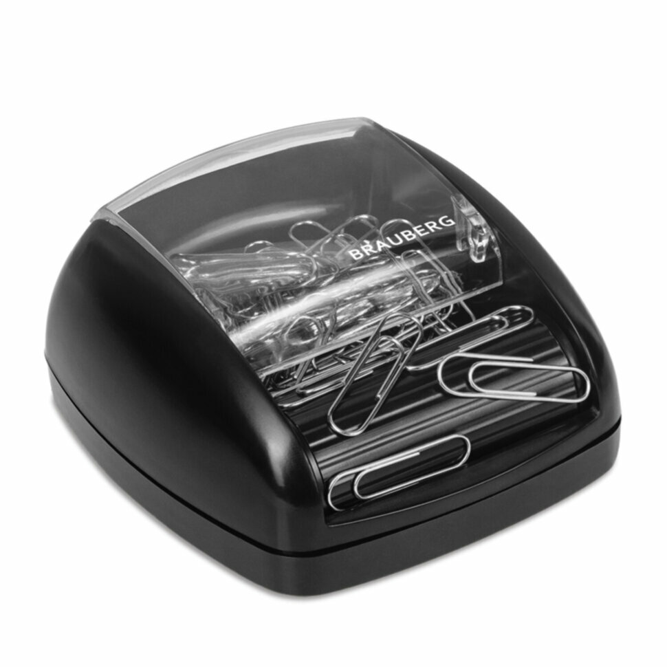 Скрепочница магнитная BRAUBERG с 30 скрепками, роликовый механизм подачи, черная, 225188, 225188