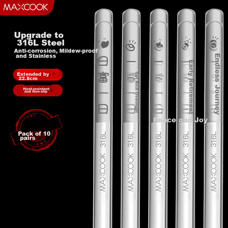 Meichun (Maxcook) 316L Stainless Steel Chopsticks, 10 Pairs, Color-Coded Chopsticks for Family Use, Creative Tableware Set MCK8854