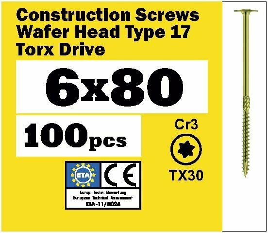 6х80 с прессшайбой, (100 шт), Саморез конструкционный, + бита TX30, SM