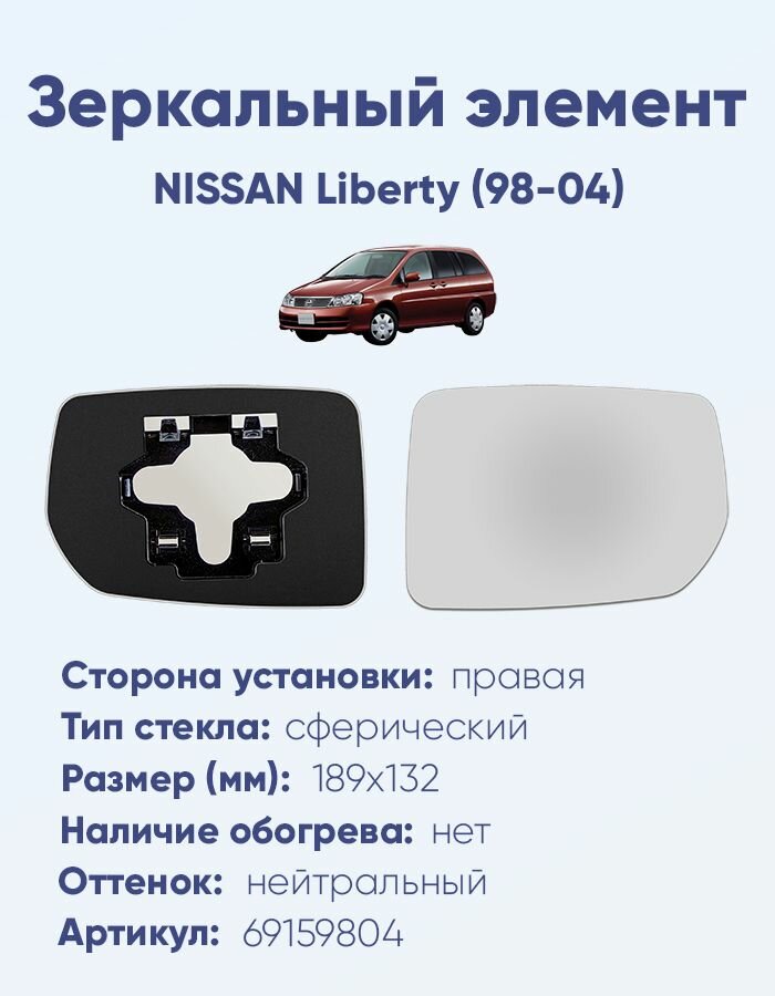Зеркальный элемент правый NISSAN Liberty (98-04) сфера нейтральный без обогрева