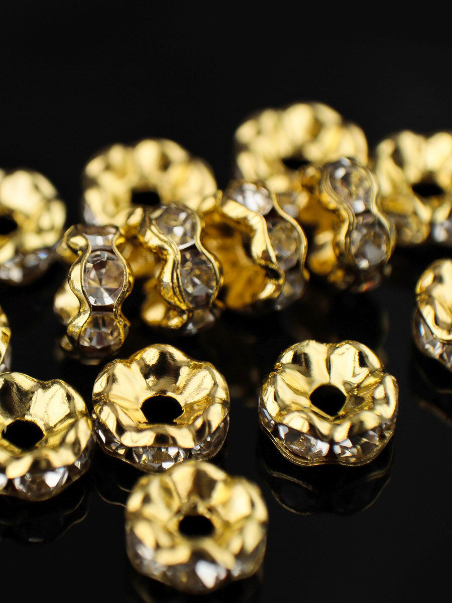 Разделитель со стразами 40 шт. / рондель спейсер, цвет- золото, 5х2.5 мм