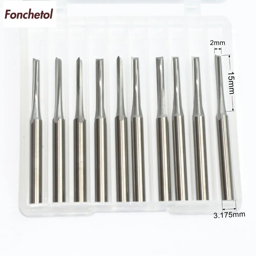 Фреза концевая твердосплавная для ЧПУ 3.175мм*2.0мм*15мм, 10 шт, 2-зубчатая прямая фреза для обработки дерева, МДФ, древесины