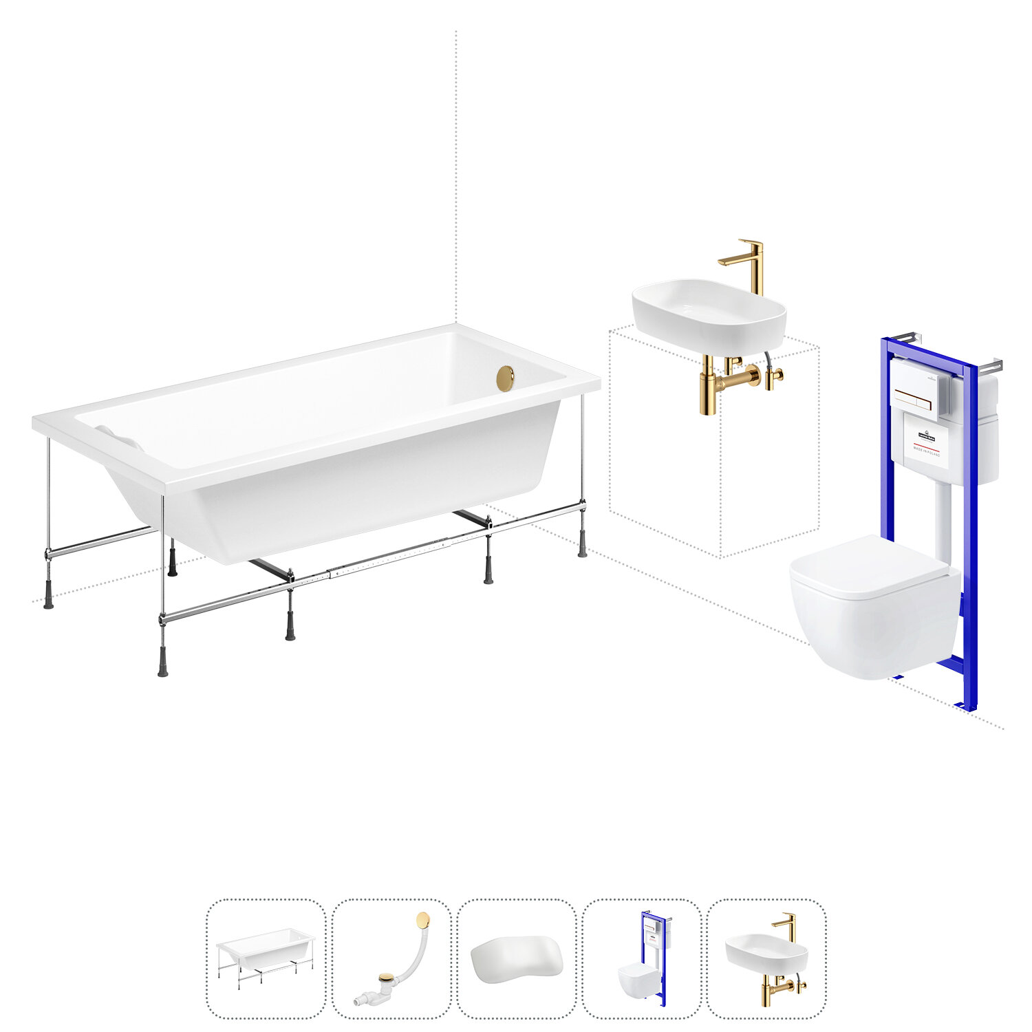 Акриловая ванна 170x80 с каркасом Lavinia Boho Element 20221248R в наборе 6 в 1: ванна, ножки, слив-перелив, подголовник, унитаз в комплекте, раковина в комплекте