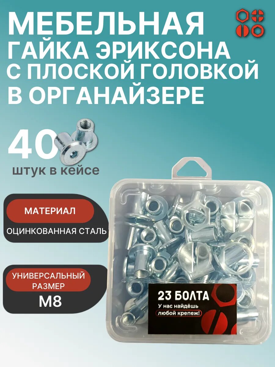 Мебельная гайка Эриксона М8 плоская в органайзере, 40 шт.