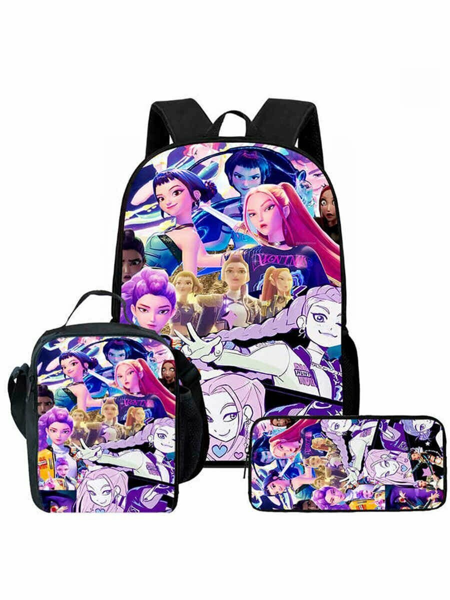 Детский набор из 3 предметов с мультяшным принтом "K-POP Demon Hunter": рюкзак, ланч-сумка и пенал. Для школы, путешествий и кемпинга.