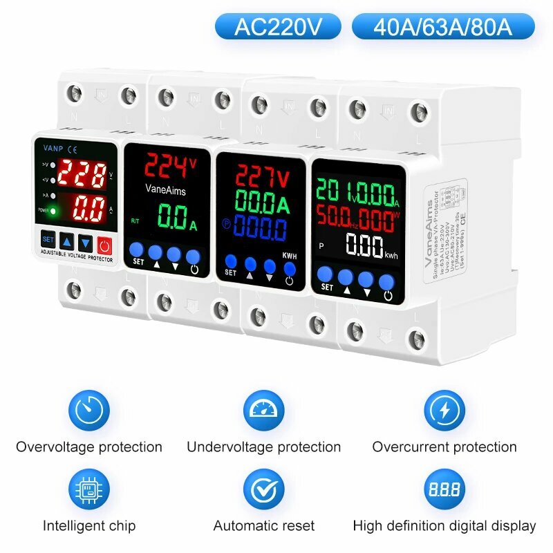 Реле VaneAims AC220V с регулируемой защитой от перенапряжения и пониженного напряжения