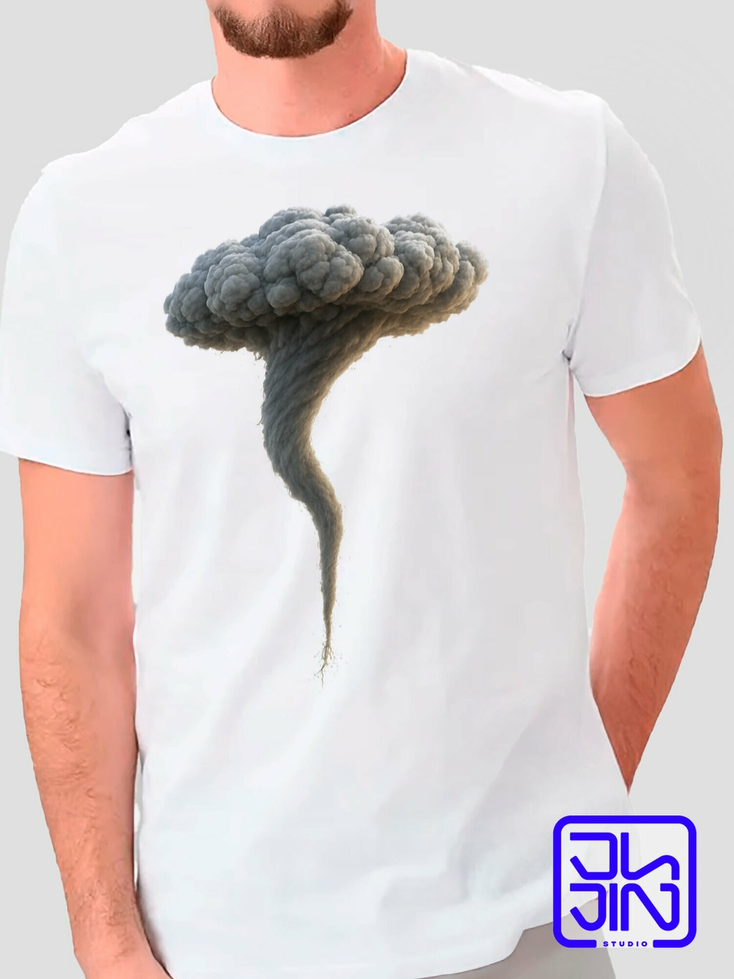 Футболка классическая мужская с авторским принтом Минималистичная черно-белая выразительная природа с облаками и торнадо, белый хлопковый трикотаж с прикольным рисунком на груди