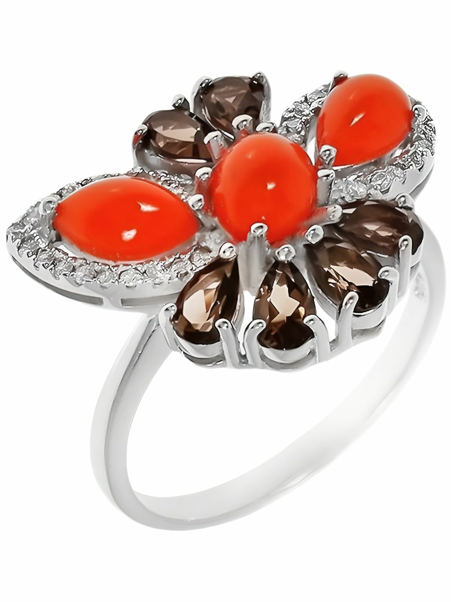 Кольцо тонкое, серебро, 925 проба, родирование, фианит, раухтопаз, коралл