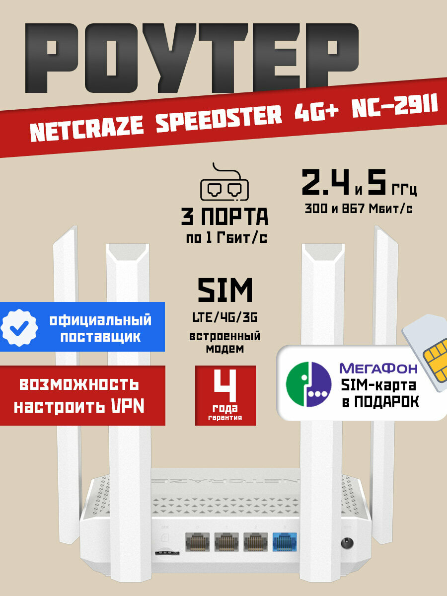 Роутер Wi-Fi Netcraze Speedster 4G+ NC-2911 до 1 Гбит/с, со слотом под SIM-карту, Mesh Wi-Fi 5 AC1200