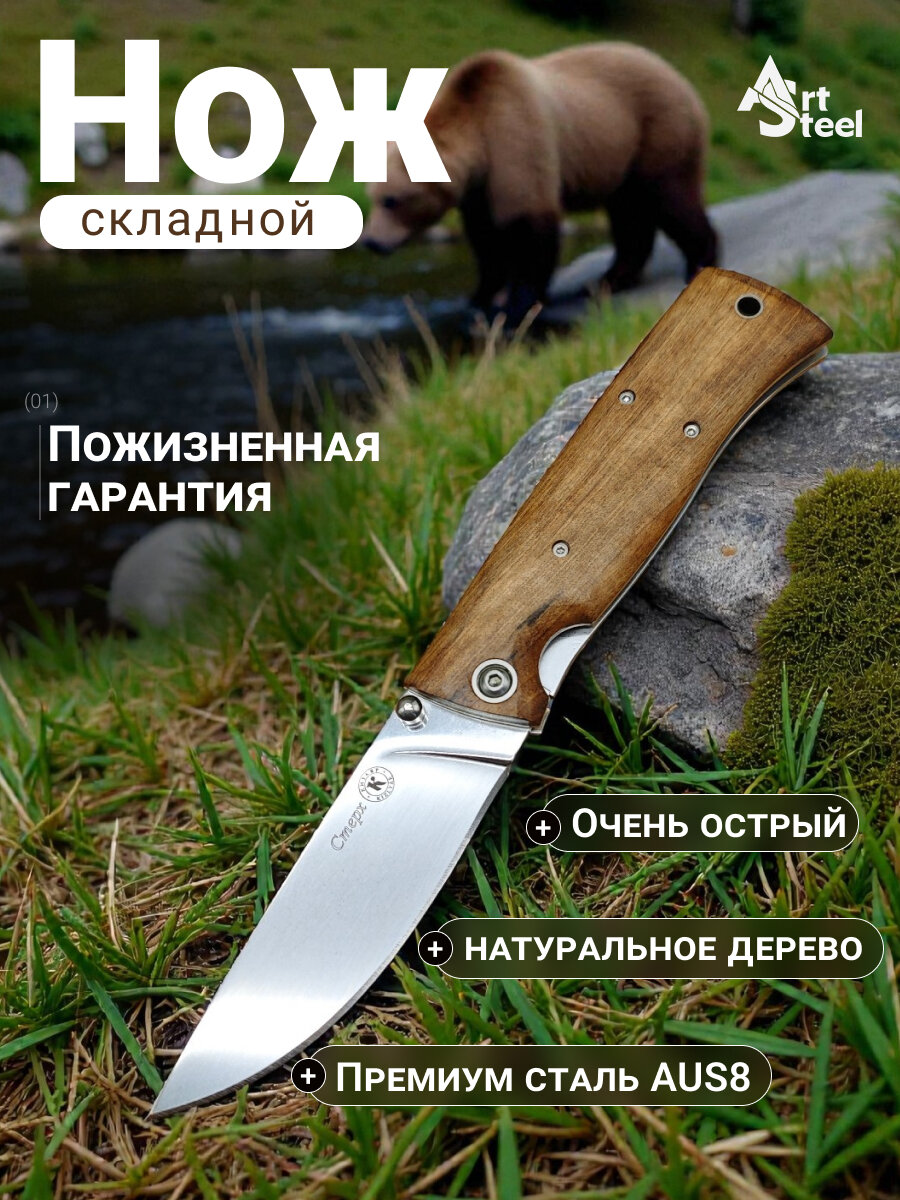 Складной нож туристический Кизляр "Стерх", сталь AUS8, деревянная рукоять, полированный клинок