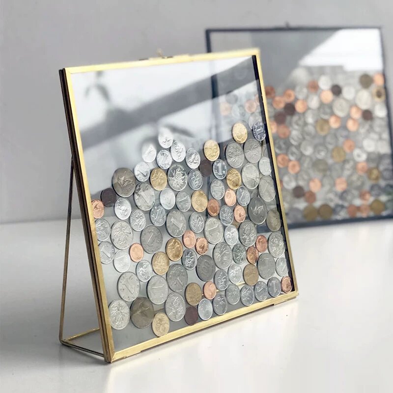 Квадратная стеклянная рамка 24x24 см, пустая для монет и памятных вещей, Золотая декоративная рамка для стены