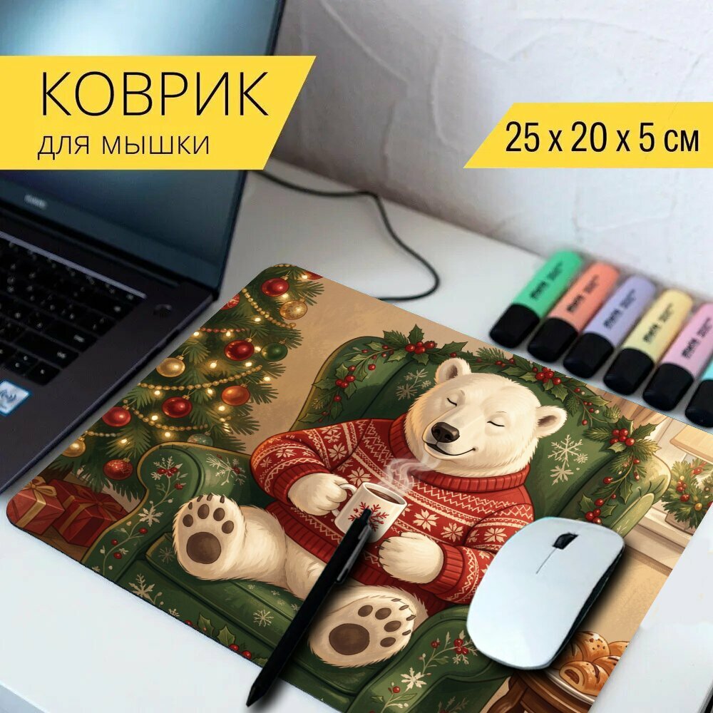 Коврик для мыши с принтом "Белый медведь с кружкой чая. Уютная зимняя иллюстрация: белый зверь в красном свитере сидит в зелёном кресле с рождественским декором, держит." 25x20см.