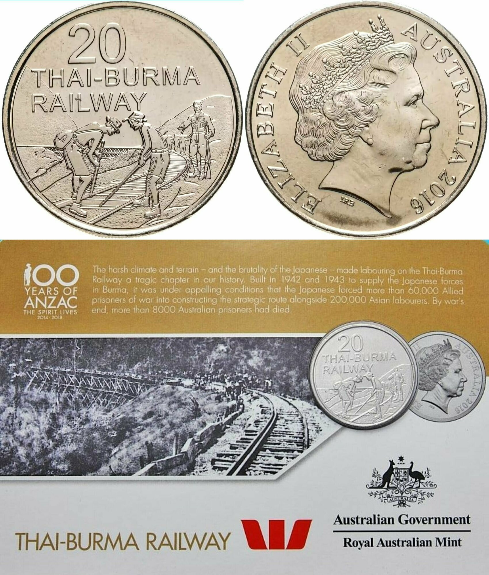 Австралия 20 центов, 2016 От анзак до Афганистана - Тайско-Бирманская железная дорога