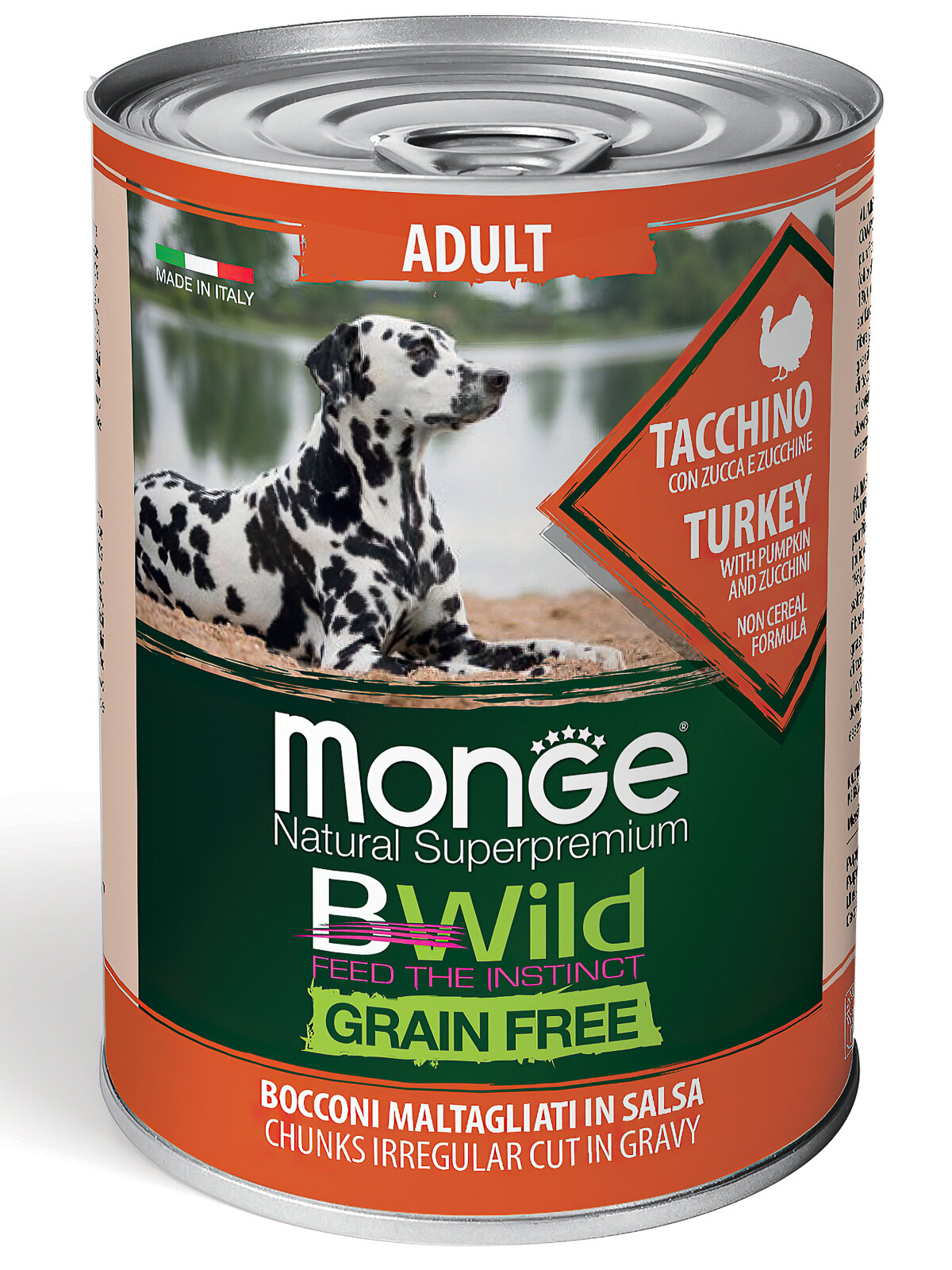 Влажный корм для взрослых собак Monge Dog BWild GRAIN FREE, из индейки с тыквой и кабачками, консервы 400 г х 6 шт