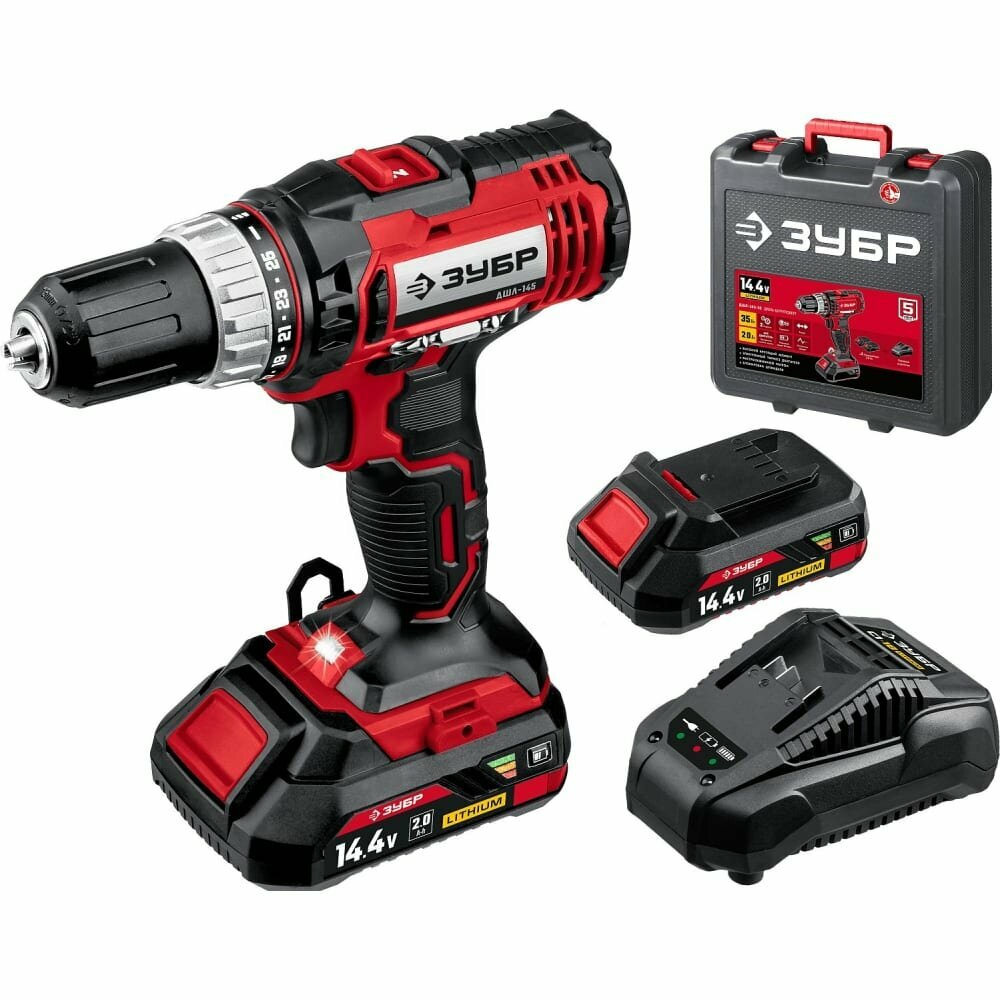 Дрель-шуруповер ЗУБР 14.4 В, 2 АКБ, 2 Ач, в кейсе ДШЛ-145-22, сверления отверстий