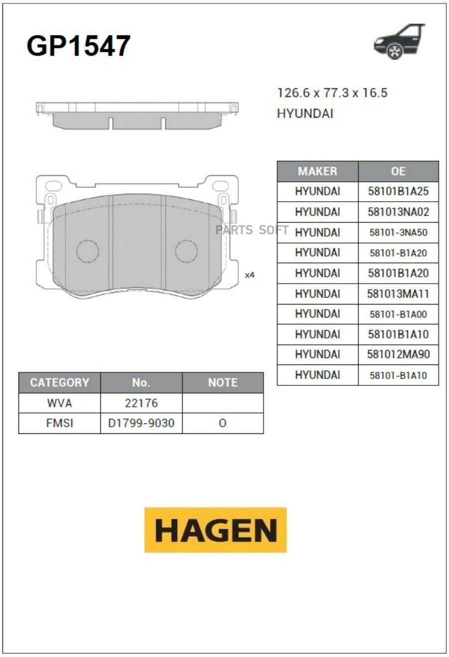 SANGSIN BRAKE GP1547 Колодки торм. дисковые HAGEN HYUNDAI EQUUS VI 3.8 11- HYUNDAI GENESIS 15 ()
