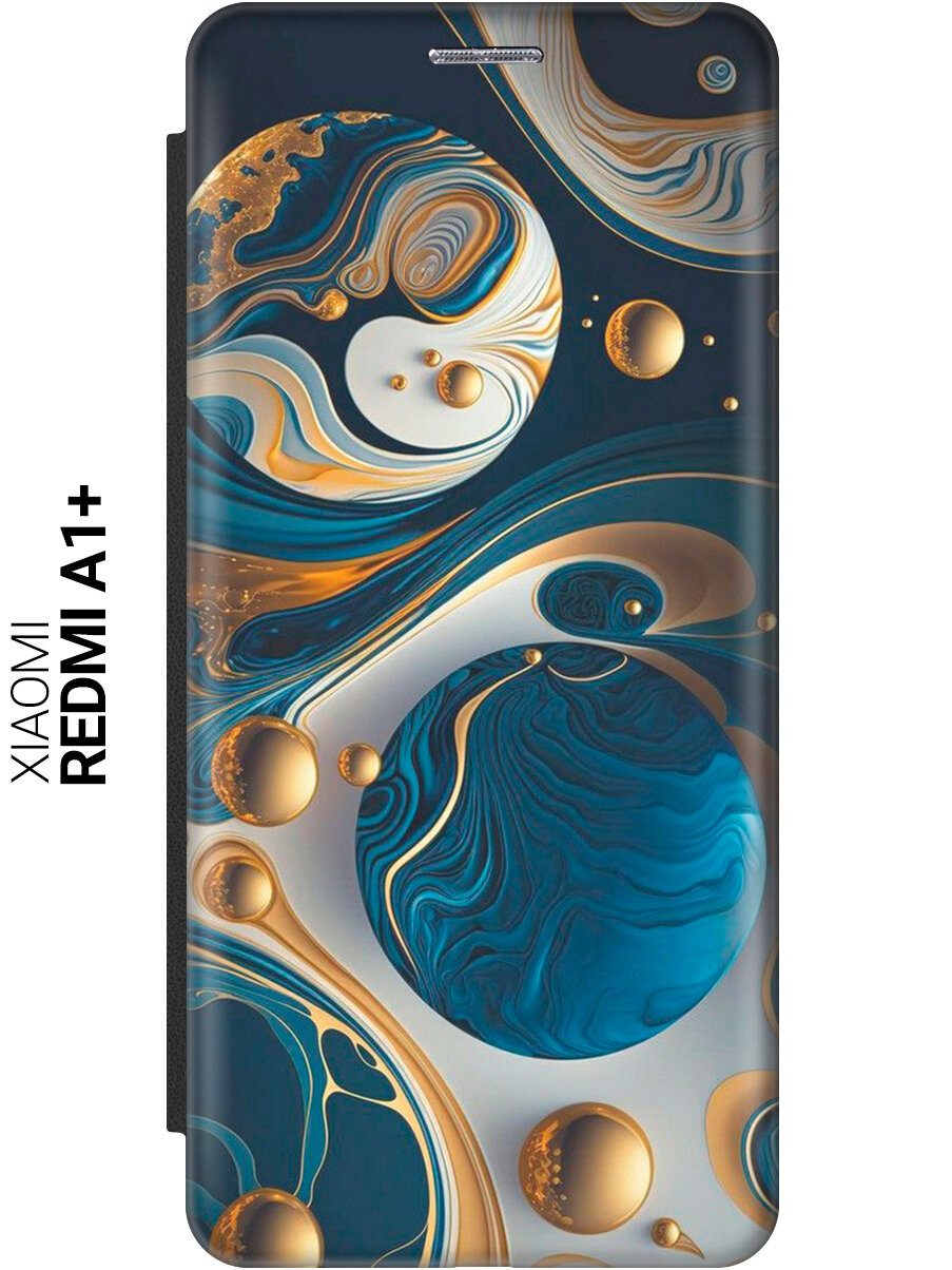 Чехол-книжка на Xiaomi Redmi A1+ / A2+ / Poco C50 / C51 / Сяоми Редми А1 Плюс / А2 Плюс / Поко С50 / С51 с рисунком "Сине-золотые фигуры" черный