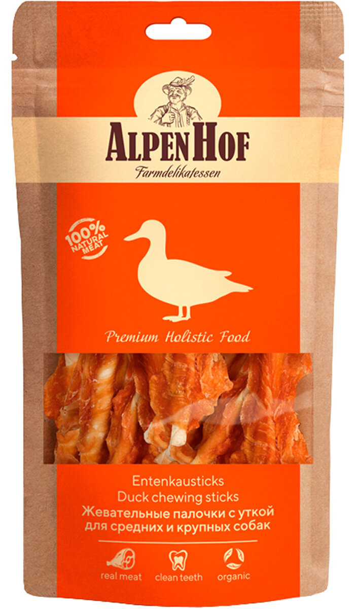 Лакомство AlpenHof для собак средних и крупных пород палочки жевательные с уткой 80 гр (1 уп)