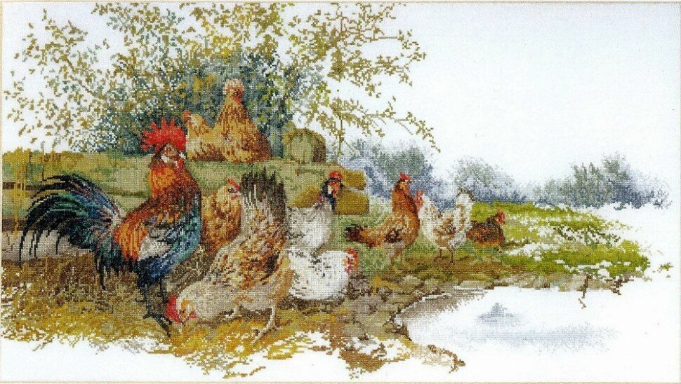 Набор для вышивания Thea Gouverneur #2038A Chickens (Курочки), Счетный крест, 68 x 37 см